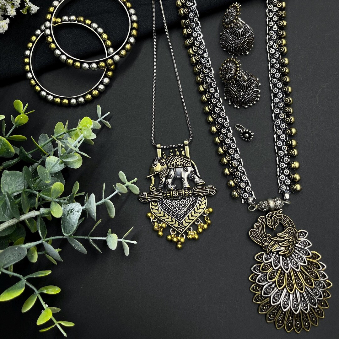 Dual Tone Elephant Peacock Long Necklace Pendant Set: Oxidized Ethnic ...
