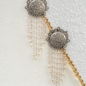 Long Oxidized Round Earrings With Pearl Drops, Long Oxidized Danglers ...