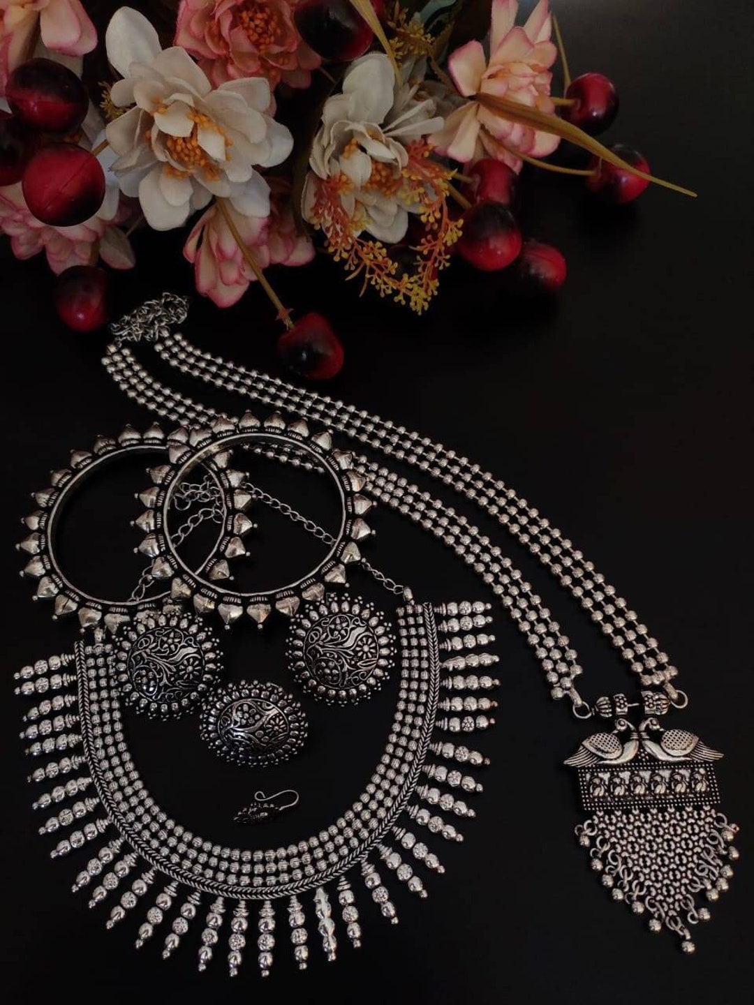 Oxidized Silver Indian Jewelry Set: Handmade Ethnic Necklace, Earrings ...