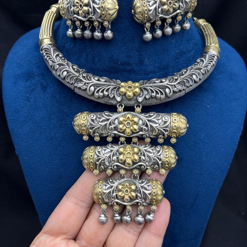 Oxidized Silver Gold Hasuli Necklace Set | Indian Tribal Jewelry - Etsy