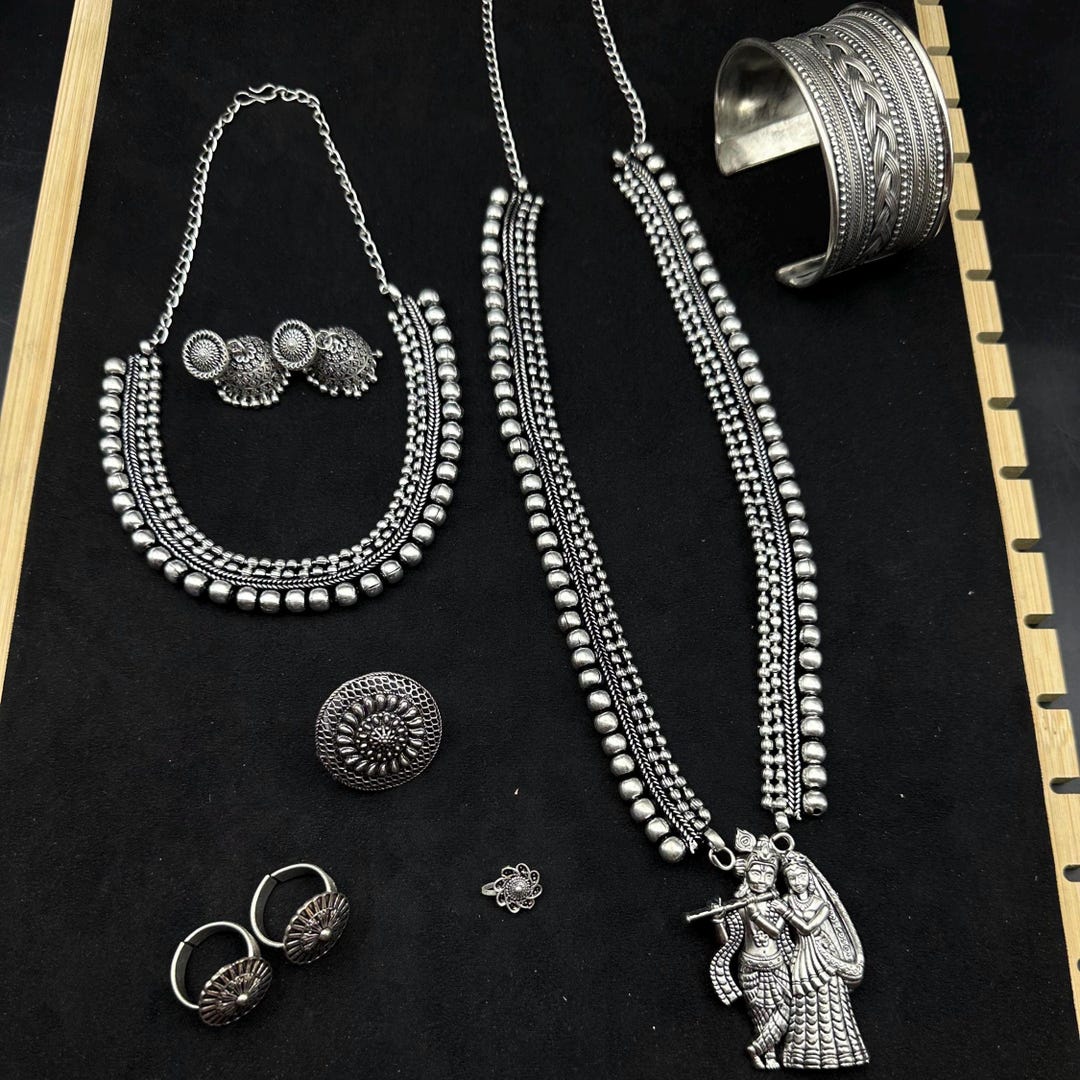 Set of 7pc Long Oxidised Radha Krishna Set, Ethnic Jewelry, Temple ...