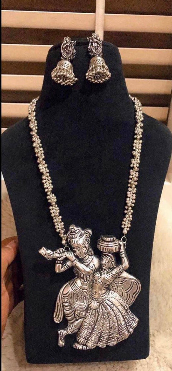 Vastrabhushan Radhakrishna Pendant Set Traditional Wear German Silver Indian Oxidized Jewellery Vintage Look Temple Jewelry Wedding Collection Boho Hippie