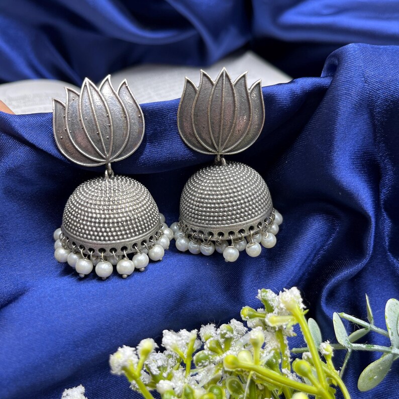 Oxidized Silver Lotus Jhumka Earrings | Boho Pearl Drop Ethnic Indian ...