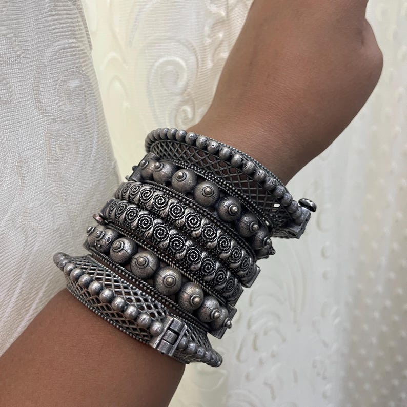 Oxidized Silver Kada Bangle Set Women – Indian Tribal Boho Bracelet ...