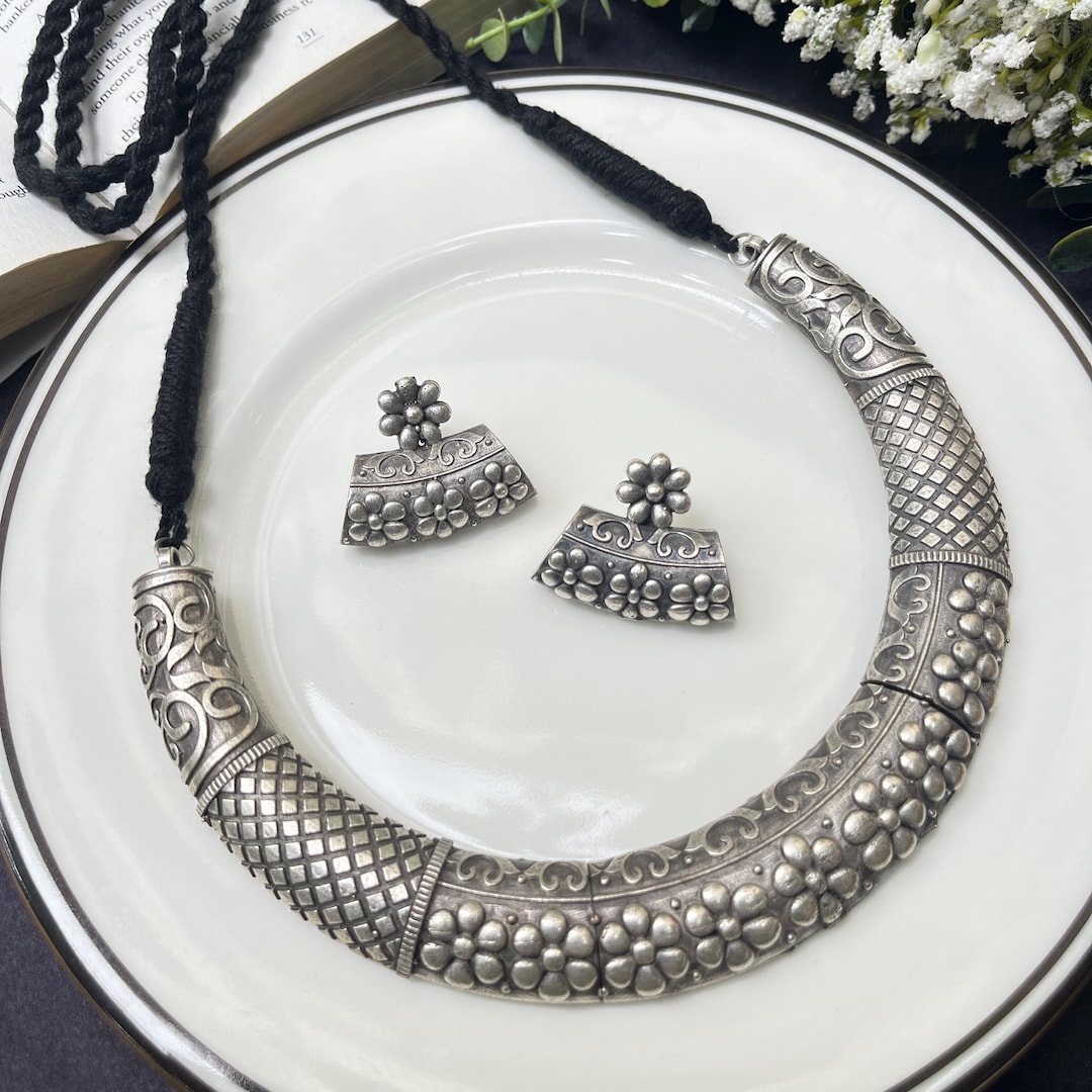 Floral German Silver Hasuli Choker: Indian Tribal Jewelry - Etsy