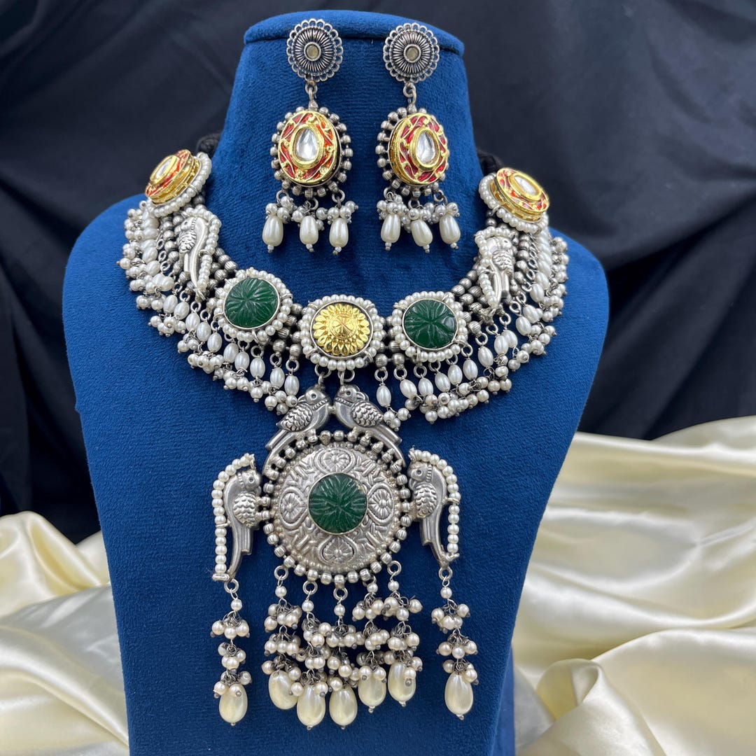 Oxidized Silver Indian Jewelry Set: Kundan, Pearl & Peacock - Etsy