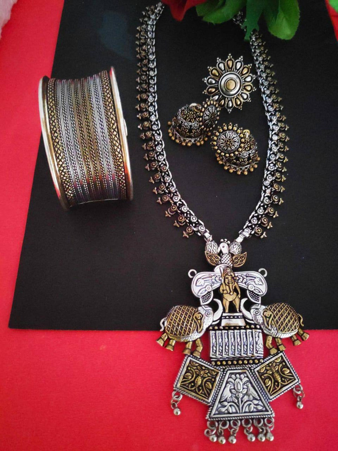 TRADITIONAL DUAL TONE Set Combo of 4, Indian Oxidized Temple Jewelry ...