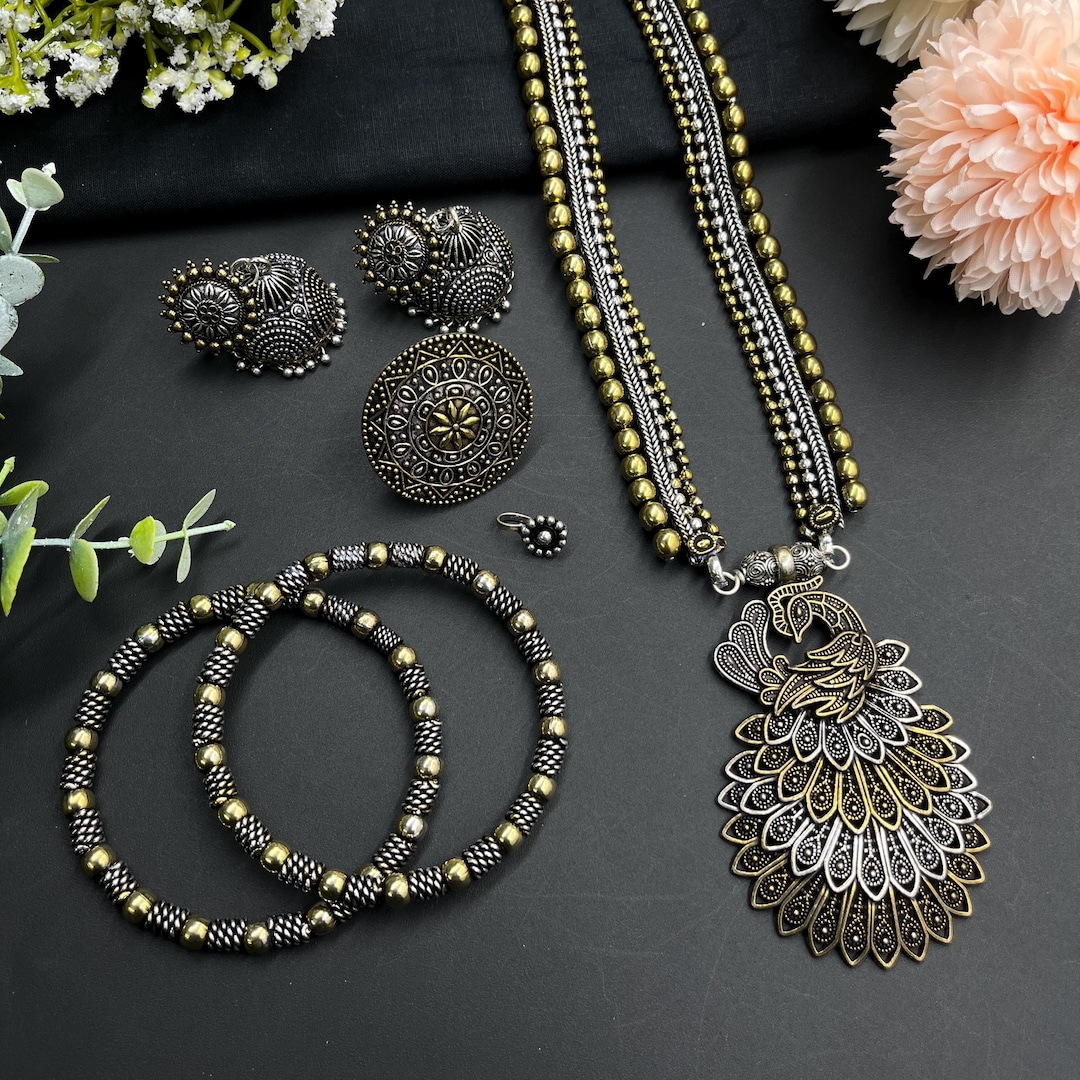 Oxidized Peacock Jewelry Set: Boho Indian Necklace, Bangles, Ring - Etsy