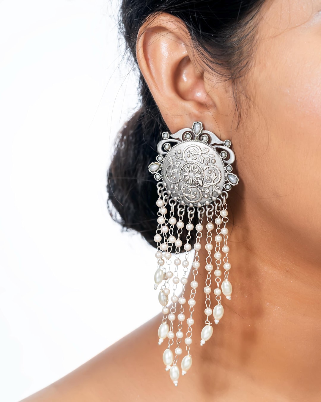 Long Oxidized Round Earrings With Pearl Drops, Long Oxidized Danglers ...
