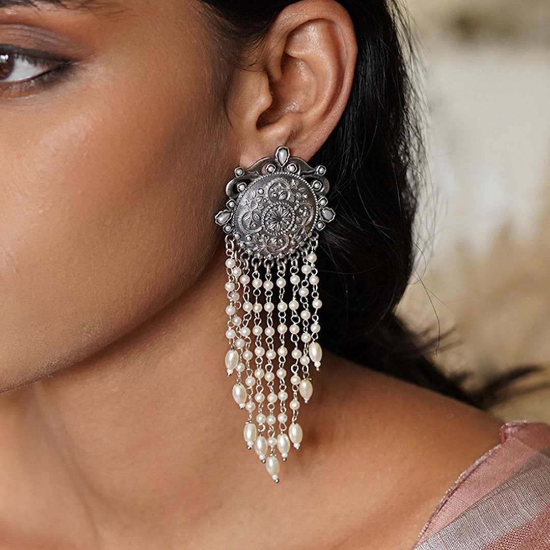 Long Oxidized Round Earrings With Pearl Drops, Long Oxidized Danglers ...