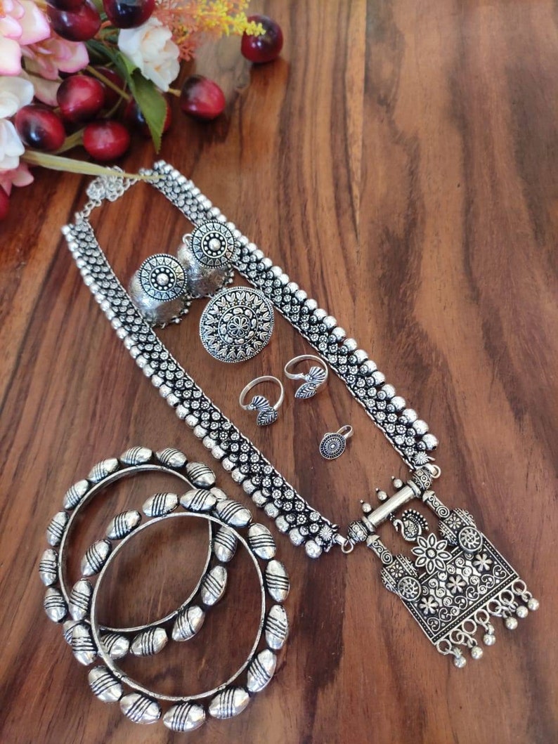 Indian Traditional German Silver Oxidized Jewelry Set of 6 | Etsy India