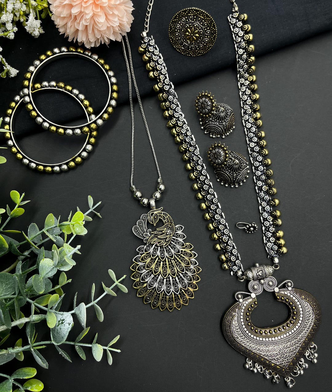 Dual Tone Beautiful Handmade Temple Style Jewellery Set Combo Oxidised ...