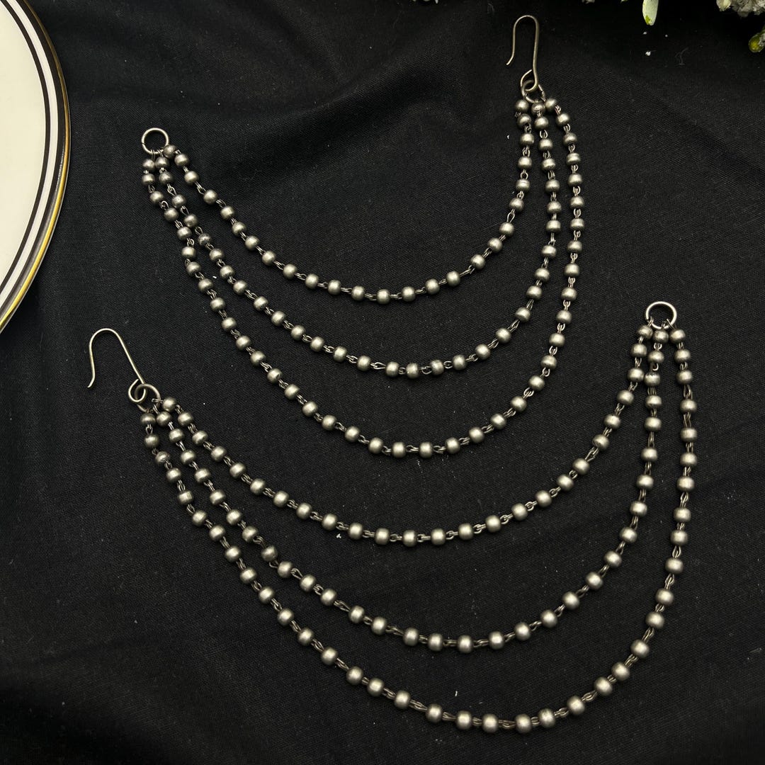 Oxidized Silver Ear Chains, Indian Kaanchain Ear Sahara for Heavy ...