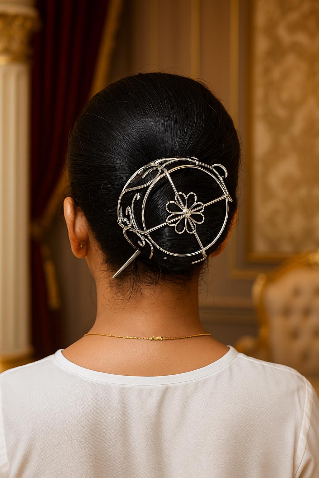 Silver Flower Hair Bun Cage With Fork Pin, Juda Hairstyle Accessory - Etsy