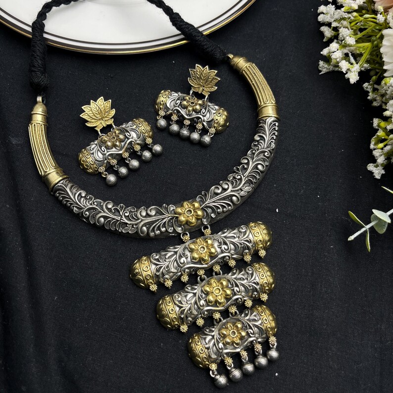 Oxidized Silver Gold Hasuli Necklace Set | Indian Tribal Jewelry - Etsy