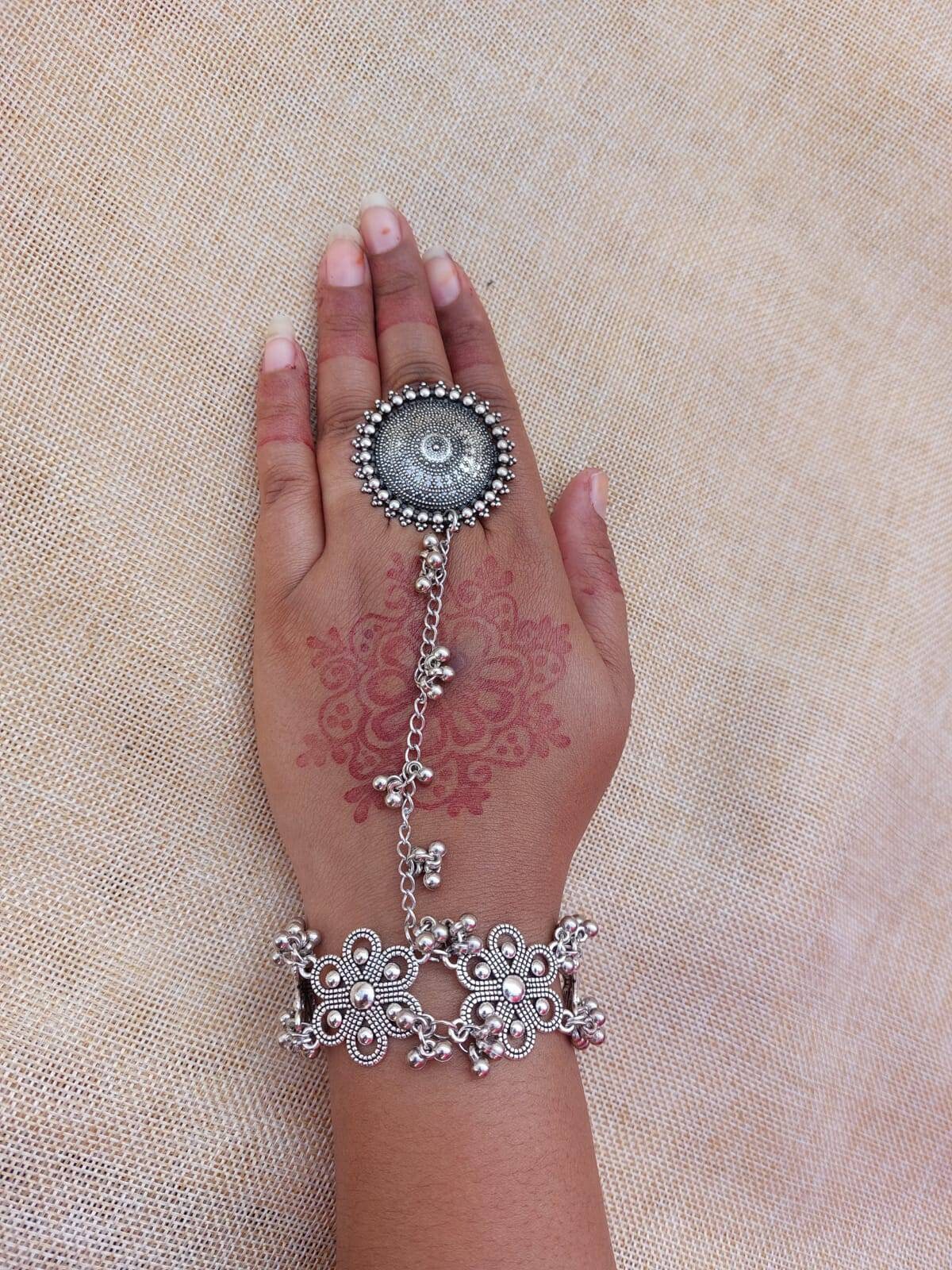 Indian Oxidised Haathphool Hand Harness With Adjustable Ring - Etsy