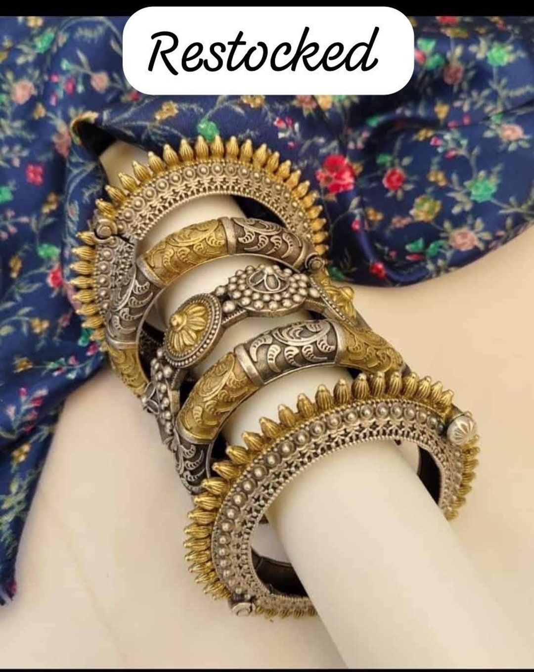 Bangles Kada Set Two Tone Silver Plated Hand Kada Bracelet Antique Silver Look Openable Kada ...