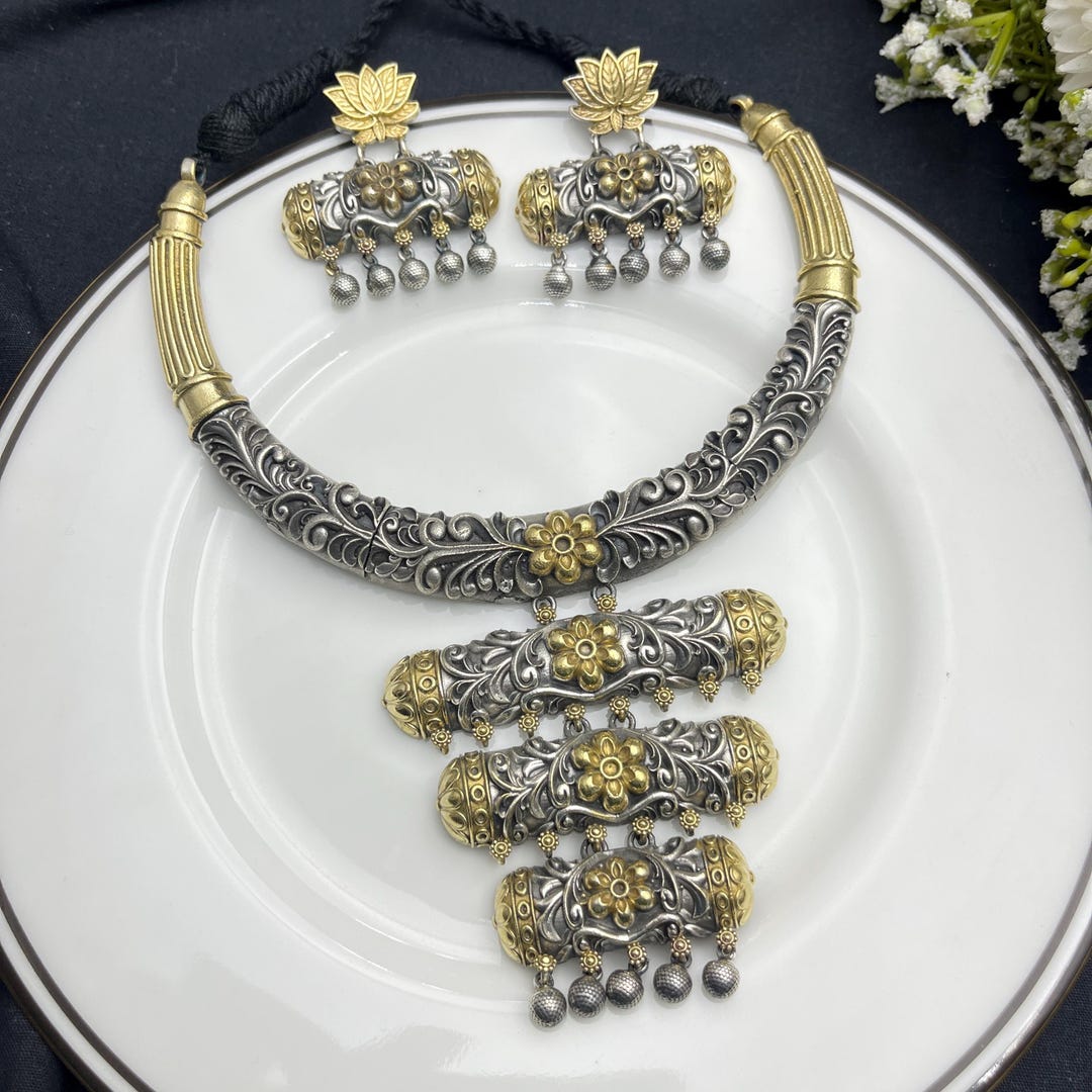 Oxidized Silver Gold Hasuli Necklace Set | Indian Tribal Jewelry - Etsy