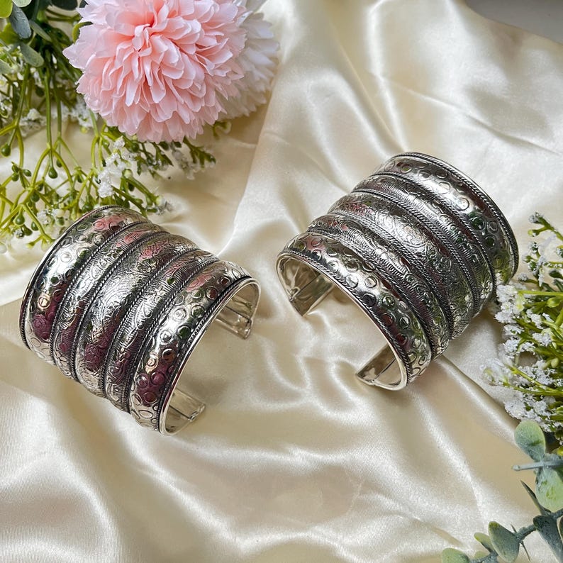 Handcrafted Silver Plated Chitai Work Wide Cuff Bracelet | Oxidized ...