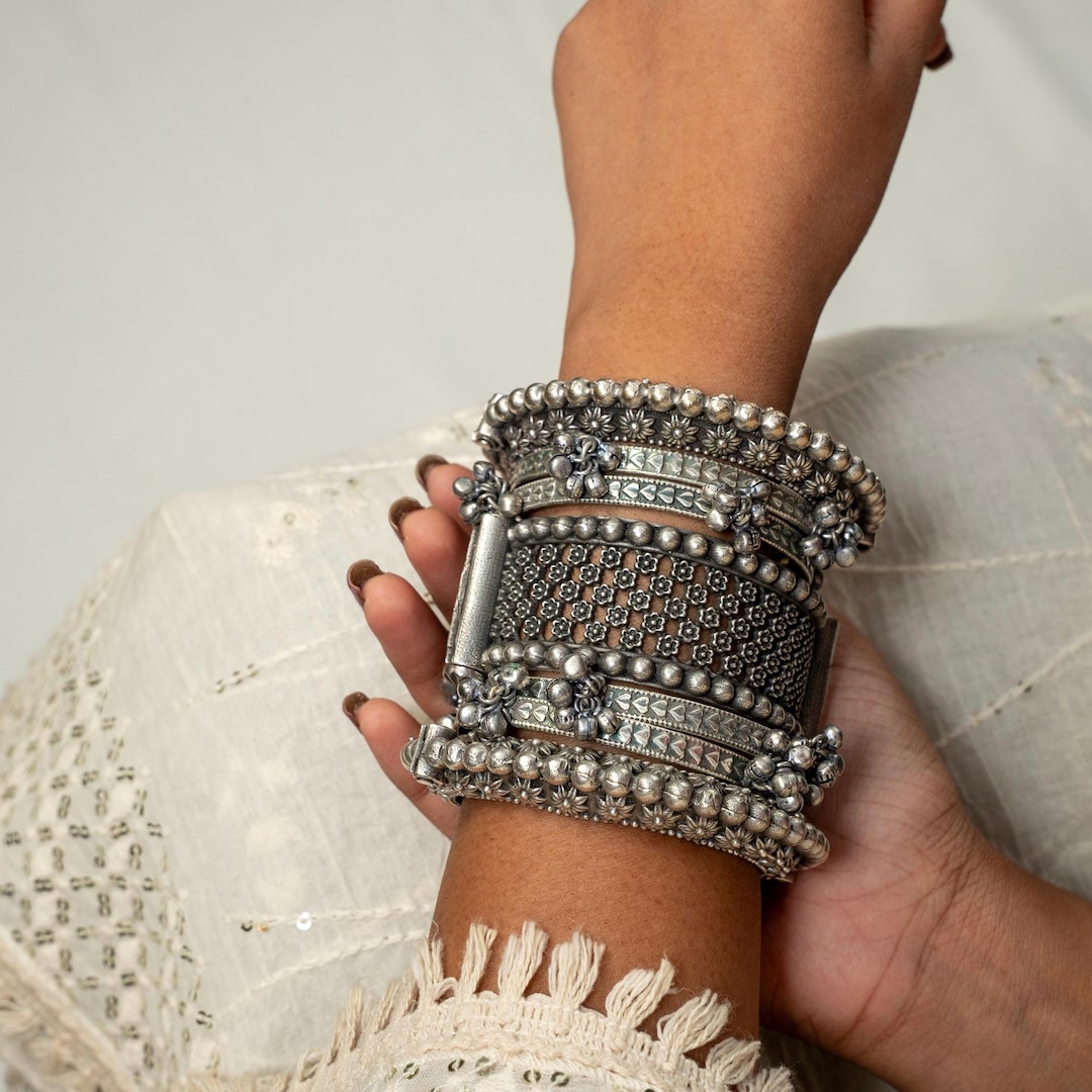 Bangles Set Kada Hand Silver Plated Kada Bracelet Antique Silver Look ...
