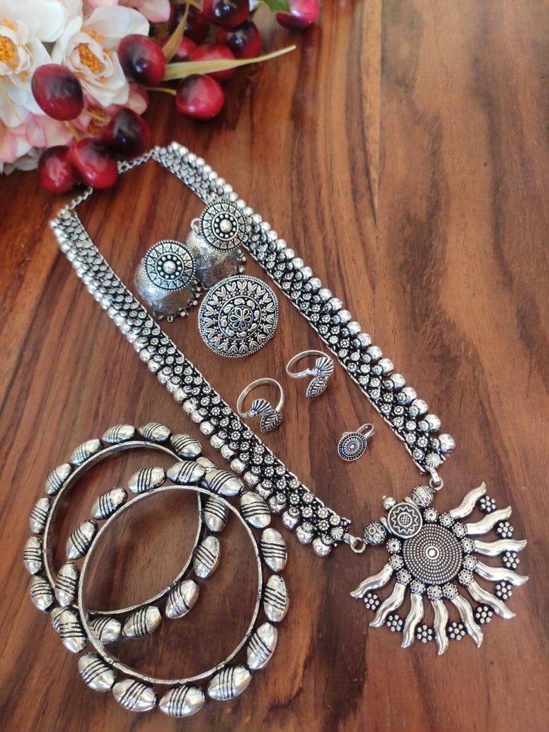 Indian Traditional German Silver Oxidized Jewelry Set of 6 | Etsy India