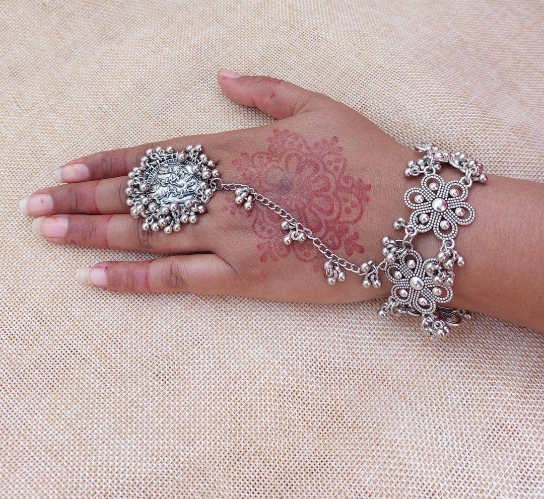 Indian Oxidised Haathphool, Hand Harness With Adjustable Ring, Silver ...