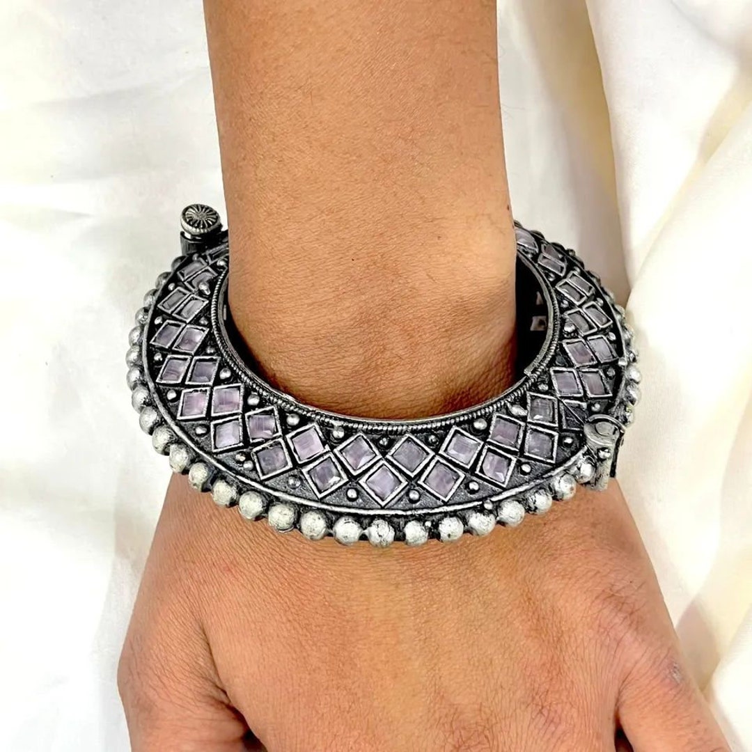 Buy Silver Oxidised Openable Bangles Indian German Silver Bangle ...