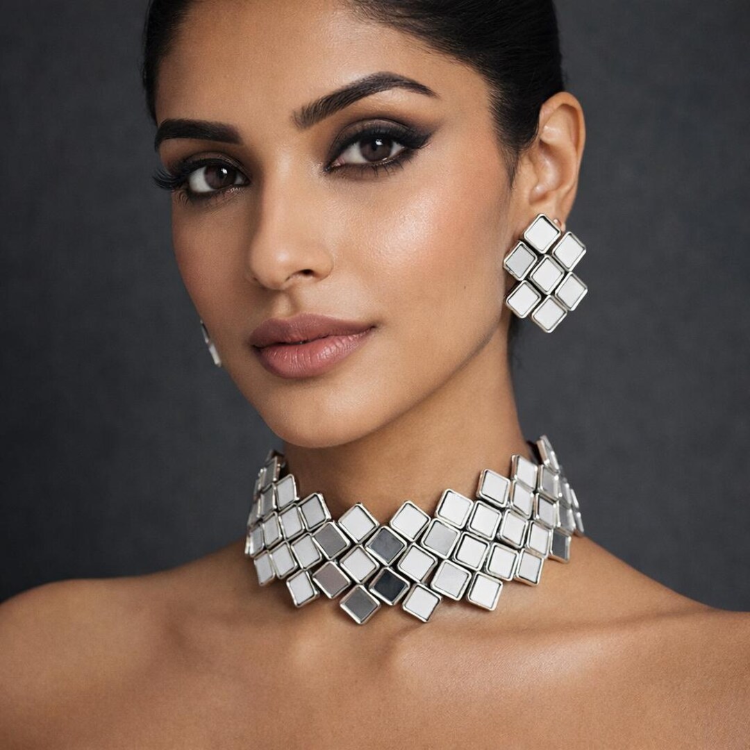 Silver Mirror Work Geometric Choker Necklace Set | Statement Square ...