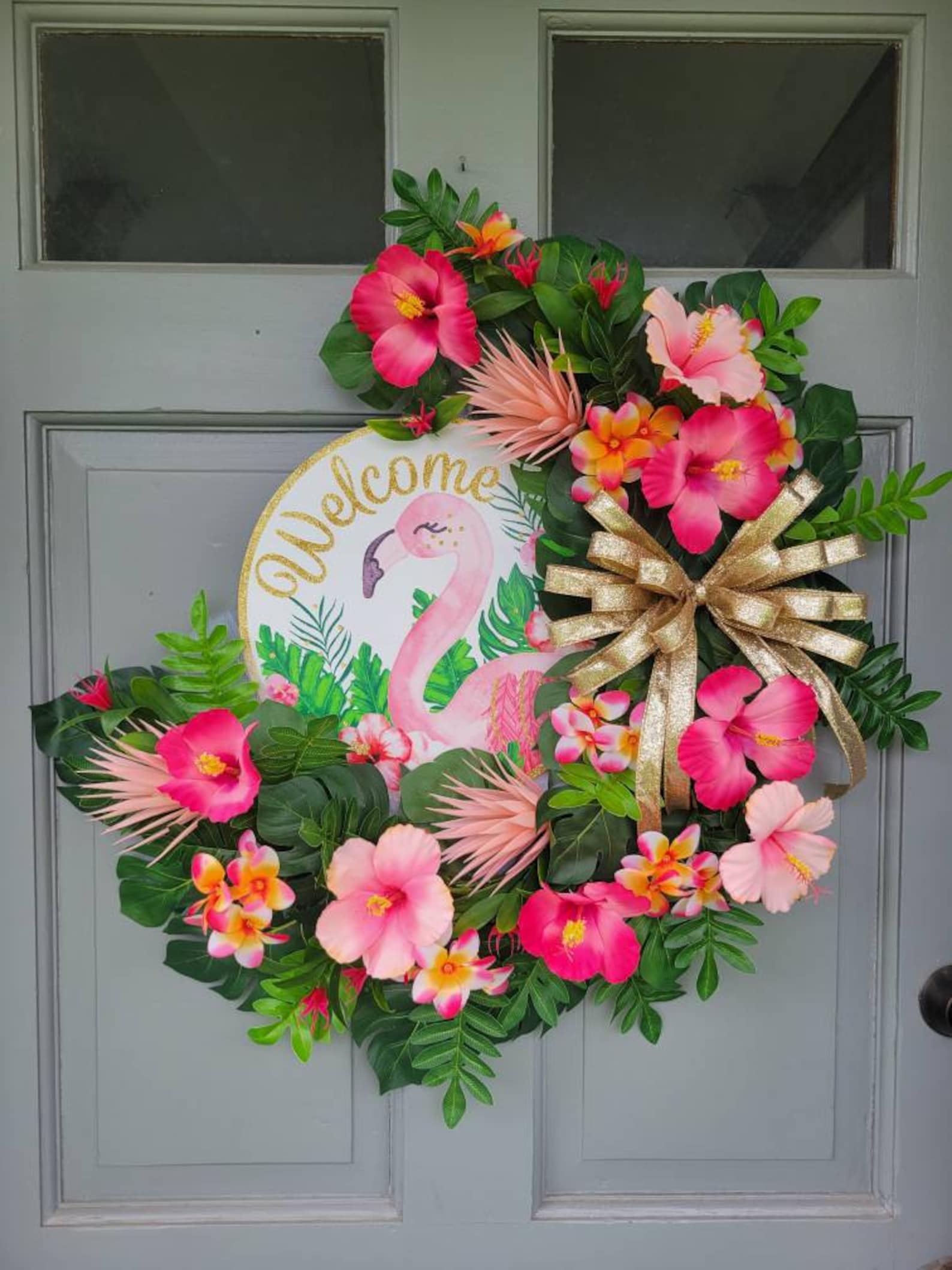 Welcome Tropical Flamingo Door Rail, Summer Flamingo Hibiscus Pulmeria ...