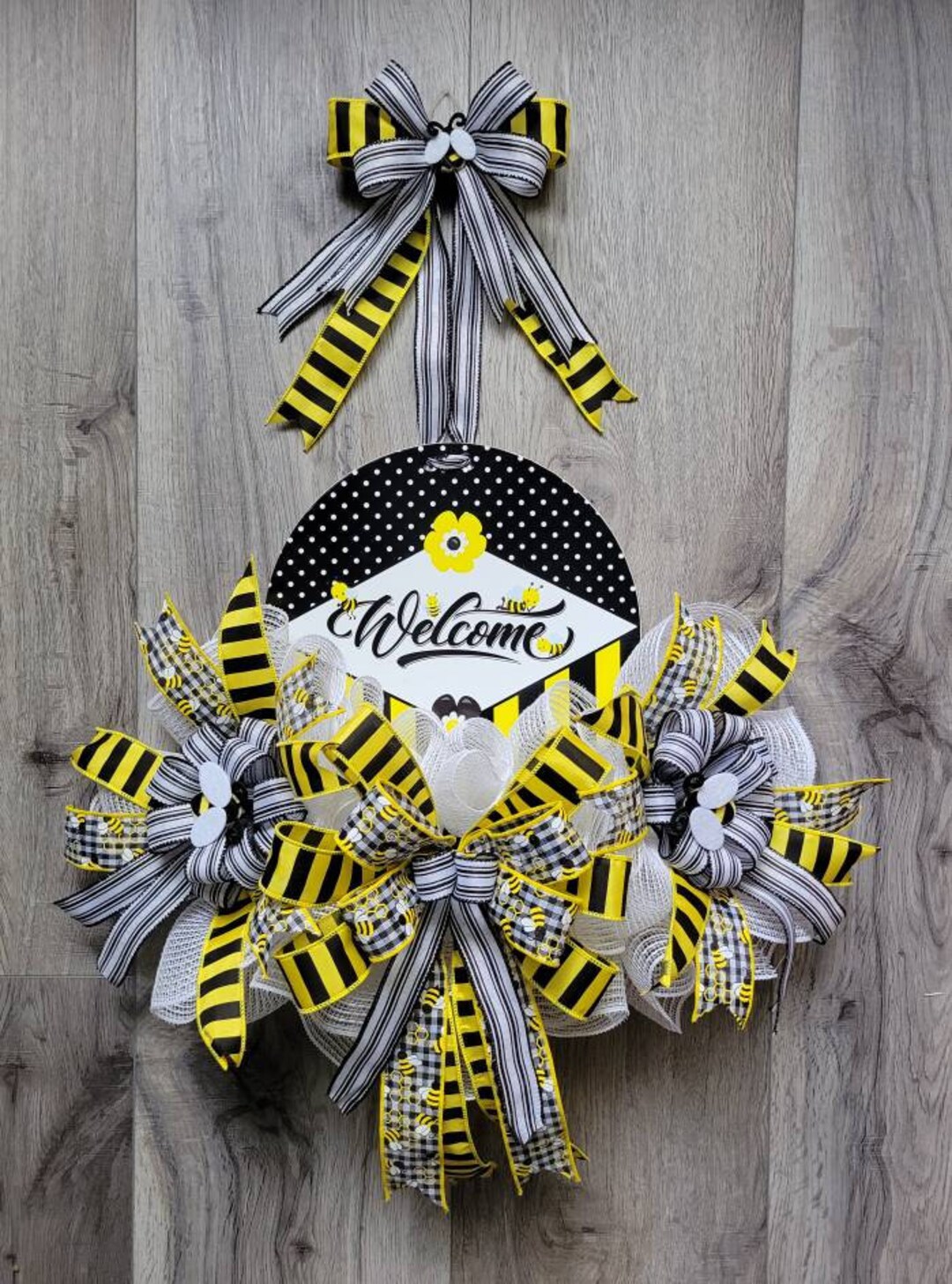 Bumble Bee Welcome Mesh Door Hanger, Black and Yellow Honey Bee Wreath ...