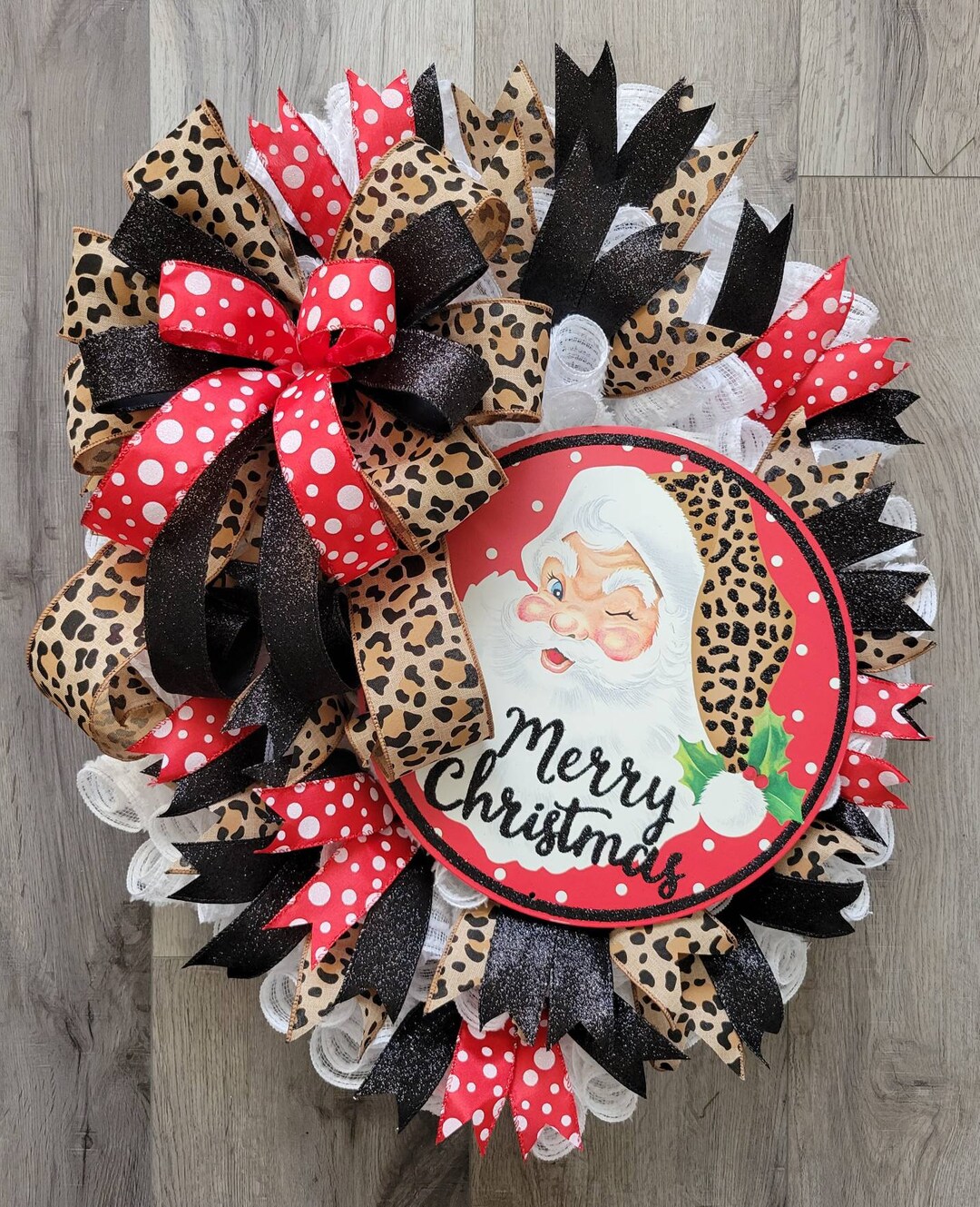 Merry Christmas Leopard Santa Oval Mesh Wreath, Vintage Santa Cheetah ...
