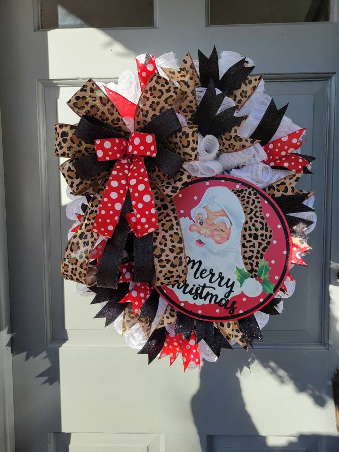 Merry Christmas Leopard Santa Oval Mesh Wreath, Vintage Santa Cheetah ...