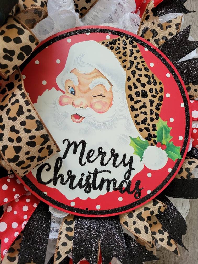 Merry Christmas Leopard Santa Oval Mesh Wreath, Vintage Santa Cheetah ...