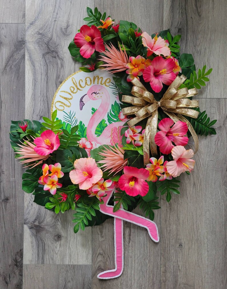Welcome Tropical Flamingo Door Rail, Summer Flamingo Hibiscus Pulmeria ...