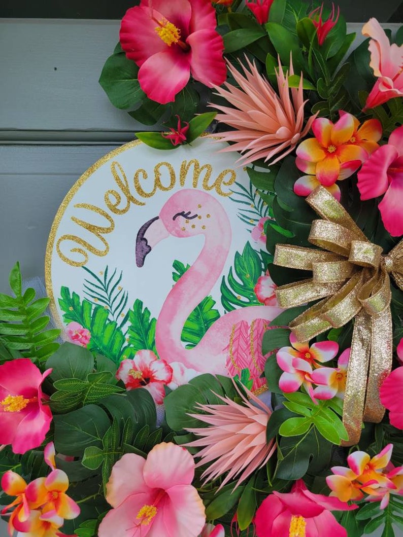 Welcome Tropical Flamingo Door Rail, Summer Flamingo Hibiscus Pulmeria ...
