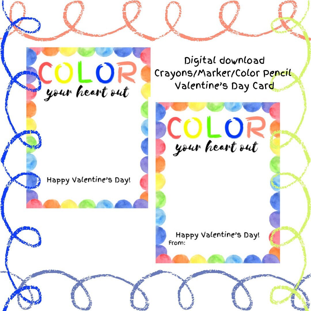 Color Your Heart Out Valentines Day Cards/ Digital Dowload/ Crayon Card ...