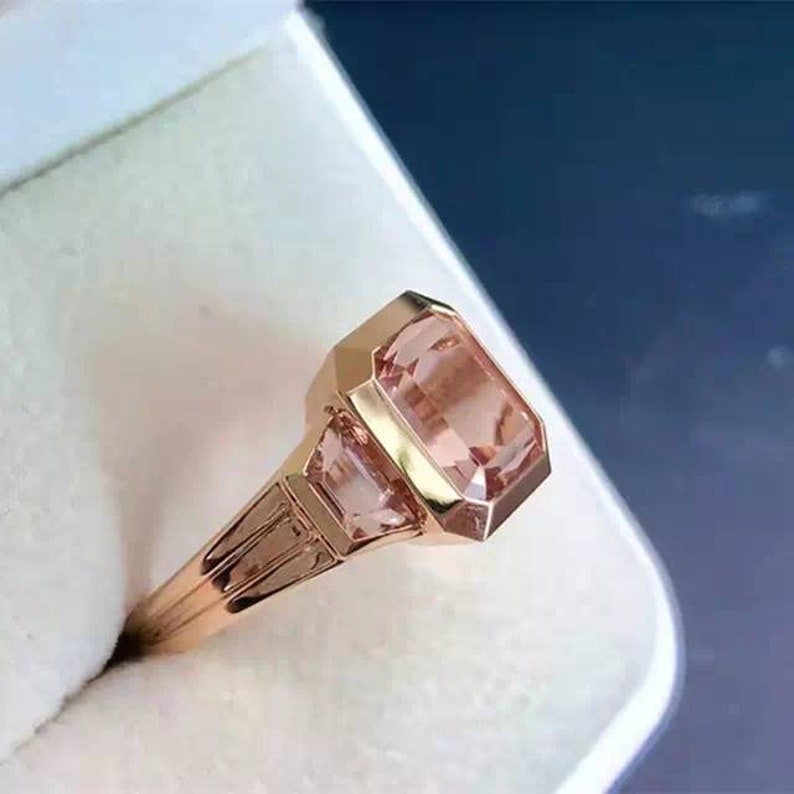 Luxury Morganite Emerald Cut Ring 925 Silver Three Stone - Etsy