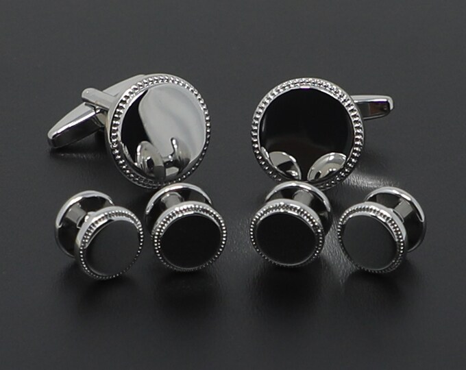 Silver Tone Round Formal Wear Dress Shirt Cuff Links and Studs Set ...