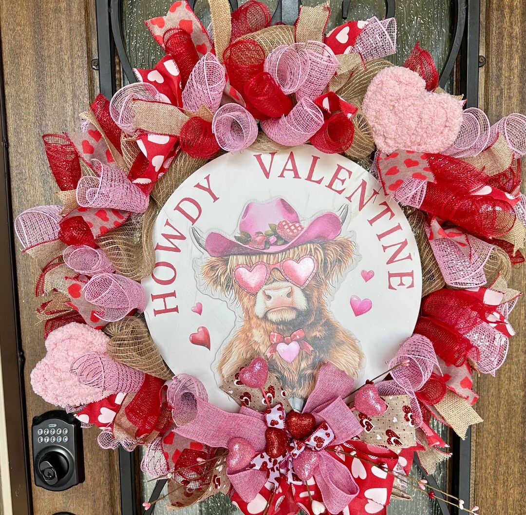 Highland Cow Valentine Wreath, Valentine Front Door Decor, Pink Red ...