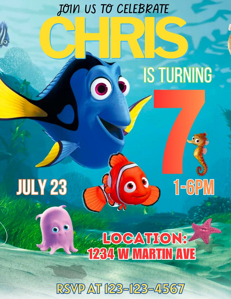 Editable Finding Nemo Birthday Invitation Template, Electronic Birthday ...