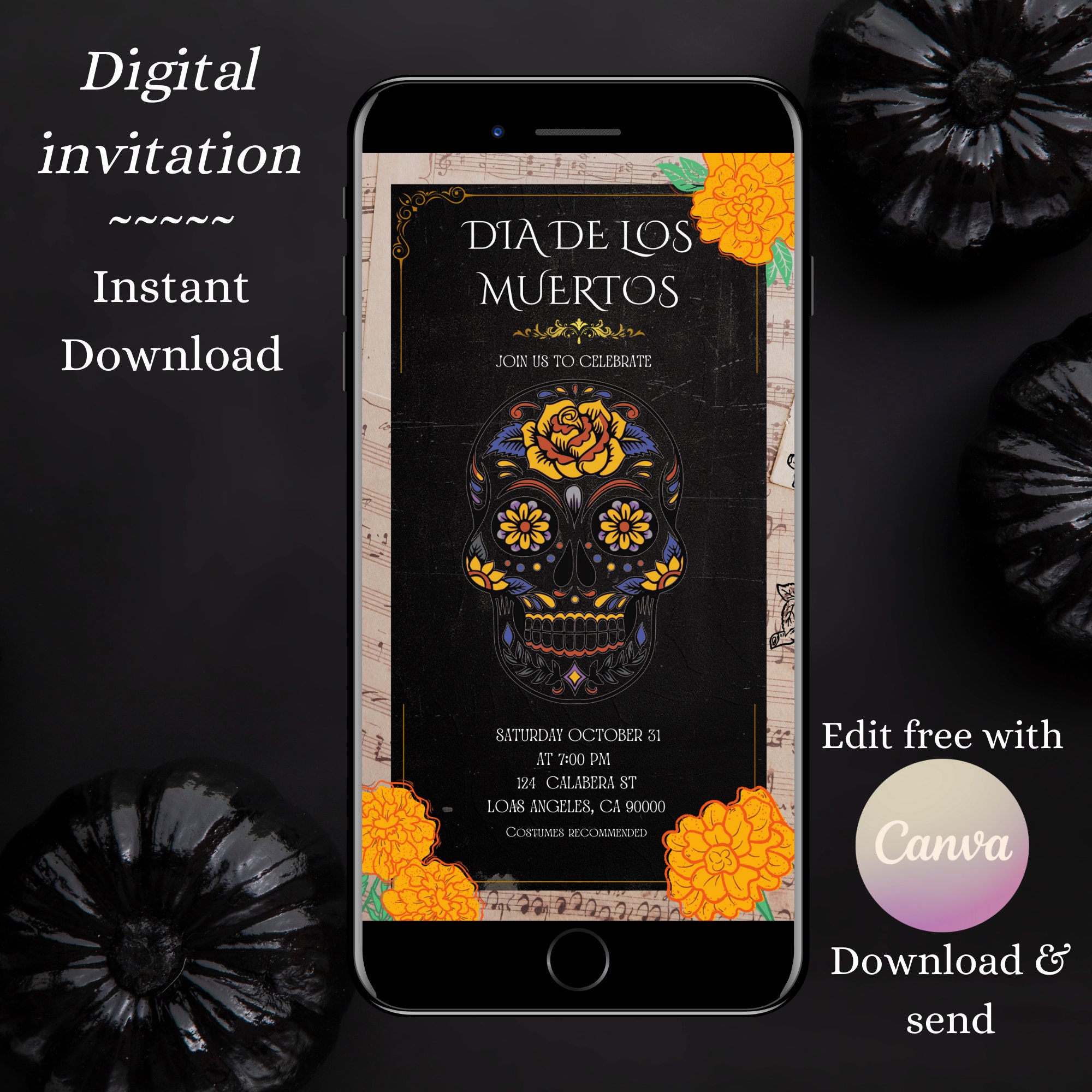 Editable Dia De Los Muertos Invitation Halloween Costume Party ...
