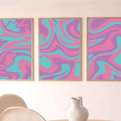 Set of 3 Retro Wavy Prints Colorful Wall Art Electric - Etsy