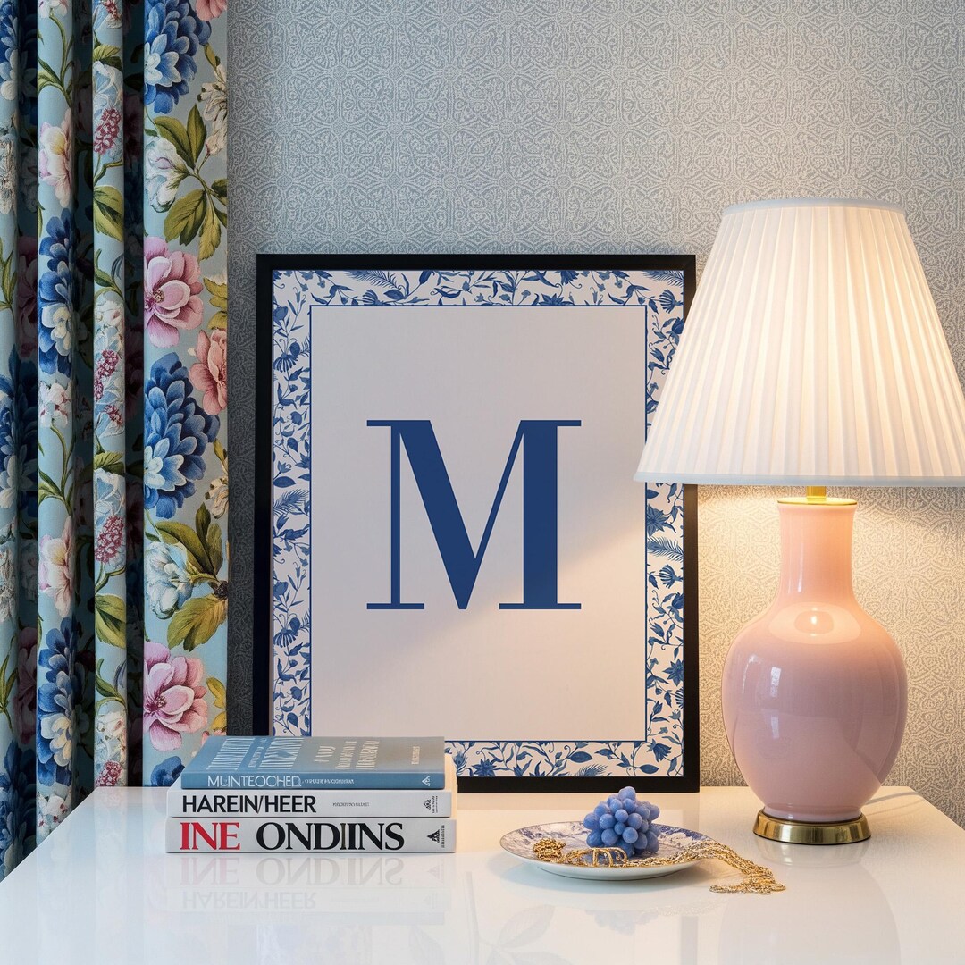 Blue Letter M Monogram Print: Modern Initial Typography (digital ...