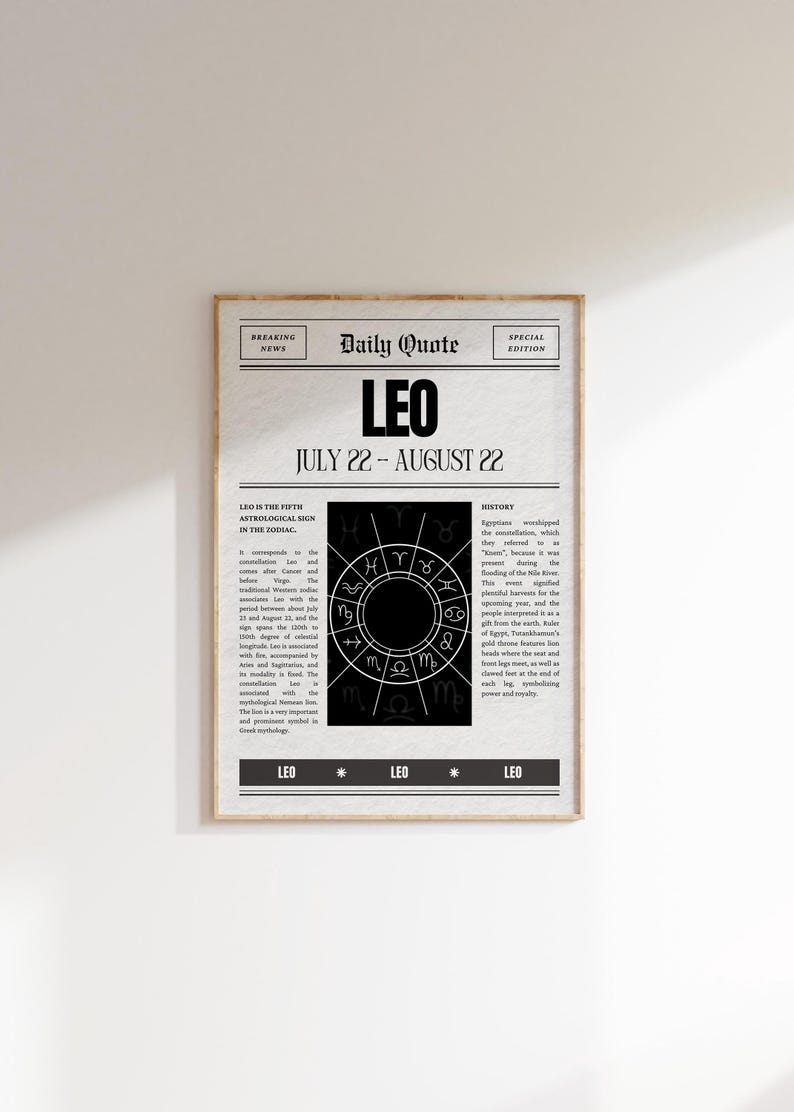 Leo Print Zodiac Newspaper Leo Poster Retro Vintage Wall Art Aesthetic ...