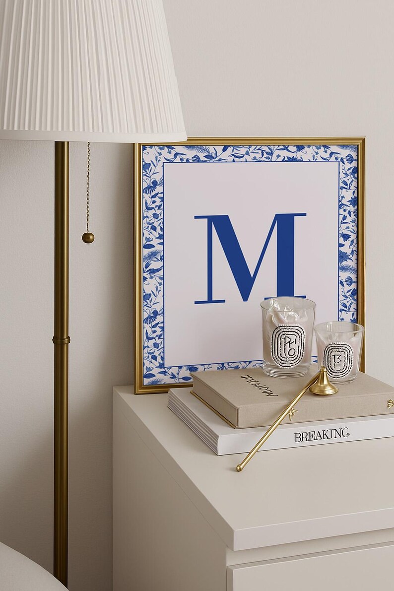 Blue Letter M Monogram Print: Modern Initial Typography (digital ...