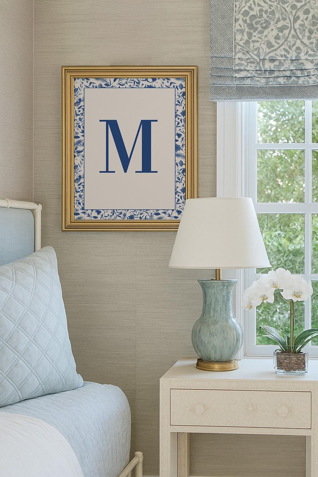 Blue Letter M Monogram Print: Modern Initial Typography (digital ...