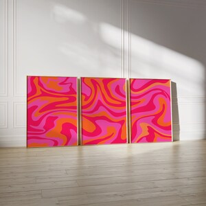 Set of 3 Retro Wavy Prints, Colorful Wall Art, Electric Gallery, Preppy ...