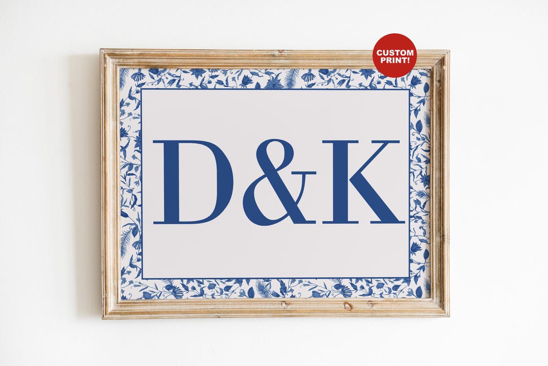 Custom Delft Blue Monogram Print Personalized Wall Art Typography ...