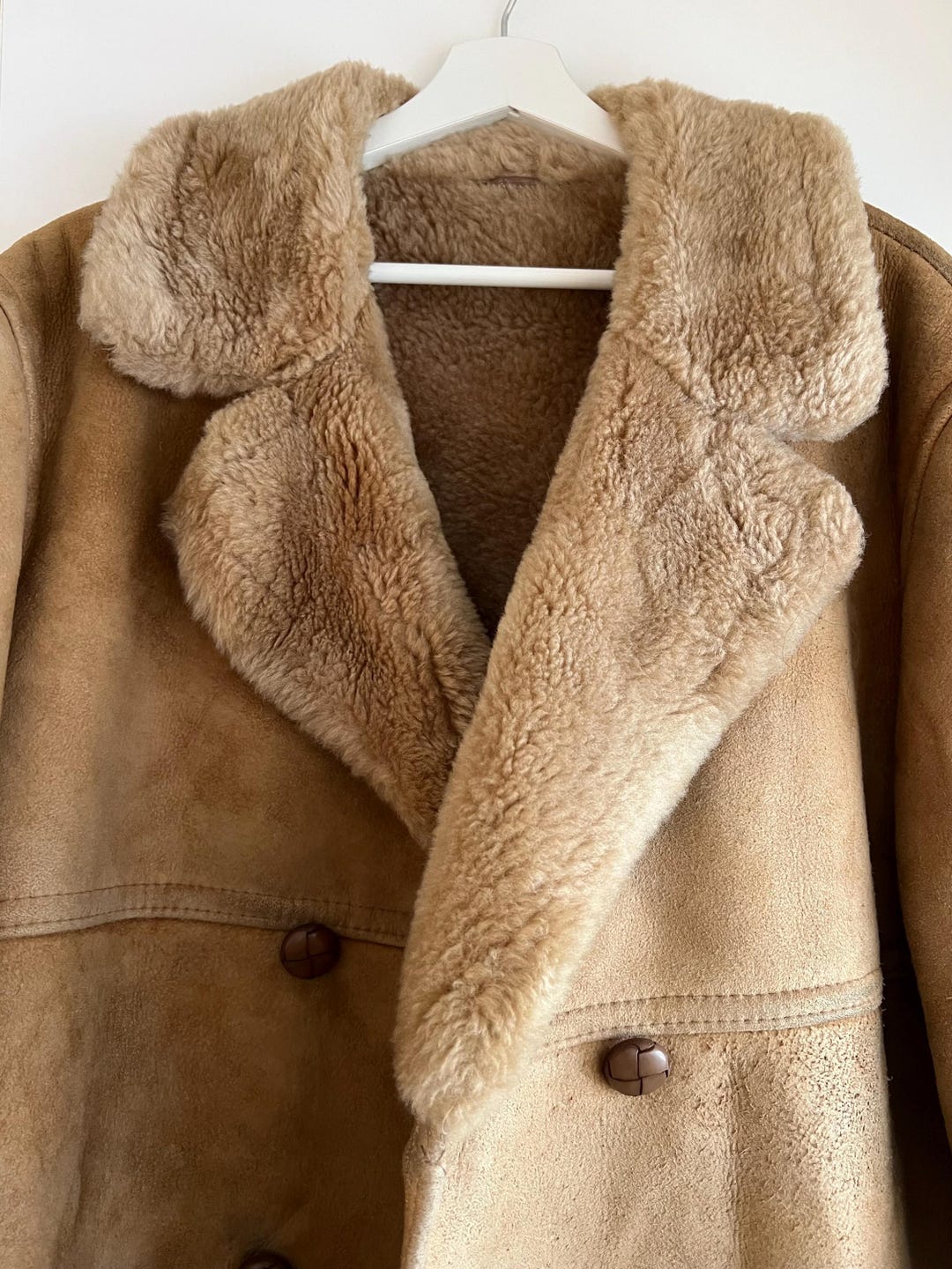 Vintage Sheepskin Coat Light Brown Suede Winter Jacket for Men Overcoat ...