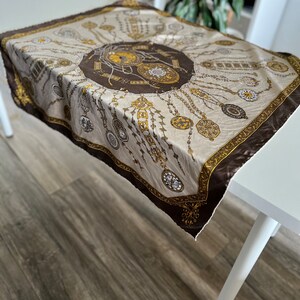 Vintage Silky Square Scarf for Women Gold Beige Brown Chains Clocks ...